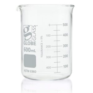 globe scientific beaker, globe glass, 600ml, low form griffin style, dual graduations, 3.3 borosilicate glass, astm e960, 6/box (8010600)