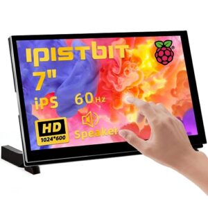 ipistbit 7" ips lcd touch screen, no-cable-needed 1024x600 dual-speaker hdmi small touchscreen monitor compatible with raspberry pi 5 4 3 2 zero b b+, windows 11 10 8 7, drive-free