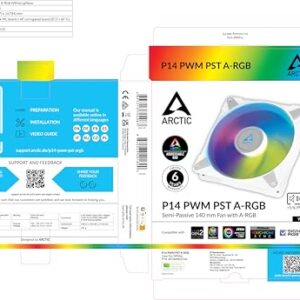 ARCTIC P14 PWM PST A-RGB - PC Fan, 140mm PWM Case Fan, Optimised for Static Pressure, Semi-Passive: 200–1900 RPM (0 RPM <5%), 5V 3 Pin A-RGB LED, Single Fan - White