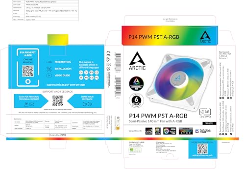 ARCTIC P14 PWM PST A-RGB - PC Fan, 140mm PWM Case Fan, Optimised for Static Pressure, Semi-Passive: 200–1900 RPM (0 RPM <5%), 5V 3 Pin A-RGB LED, Single Fan - White