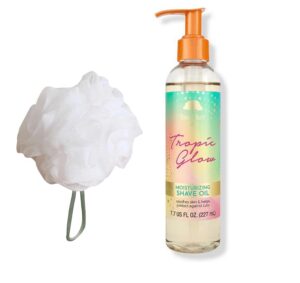 t h tree hut tropic glow shave oil set! includes shave oil and loofah! formulated with real sugar, certified shea butter and capuacu! soothes and moisturizes skin! (tropic glow bare)