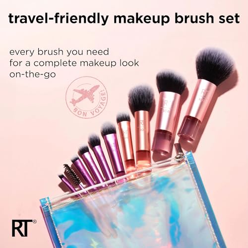 Real Techniques 11 Piece Travel Fantasy Mini Brush Set, Travel Size Makeup Brushes For Foundation Eyeshadow, Powder, Blush, Contour, & Concealer, Makeup Bag Included, Gift Set, Cruelty-Free