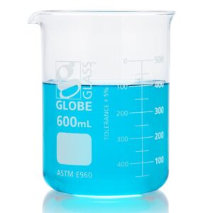 Globe Scientific Beaker, Globe Glass, 600mL, Low Form Griffin Style, Dual Graduations, 3.3 Borosilicate Glass, ASTM E960, 6/Box (8010600)