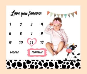 phmojen cow milestone blanket for baby boy, farm animals cow print photography background newborn first year growth blanket for baby pictures include 4 frames and 1 headband 48"x40" btyyph46