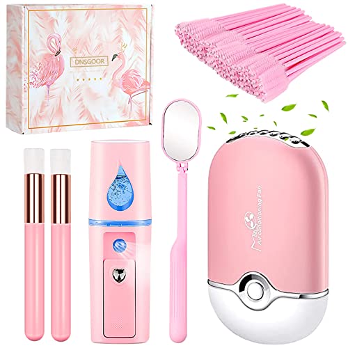 55 PCS lash Fan Dryer for Eyelash Extensions,USB Air Conditioning Blower, Mini Mister for Lash Extensions, Adjustable 270 Degree Lash Mirror, 2 Lash Shampoo Brushes, 50 Eyelash Mascara Brush (Pink)