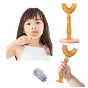 jyzpj 2 pack kids u shaped toothbrush toddler toothbrush with soft silicone bristles with suction cup base 360 u type toothbrush for children ages 2-12 (2-6 years old)