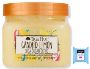 t h tree hut shea sugar body scrub candied lemon,18oz, with single fragrance-free makeup remover cleansing towelettes