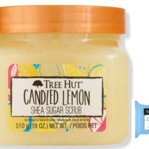 T H Tree Hut Shea Sugar Body Scrub Candied Lemon,18oz, With Single Fragrance-Free Makeup Remover Cleansing Towelettes