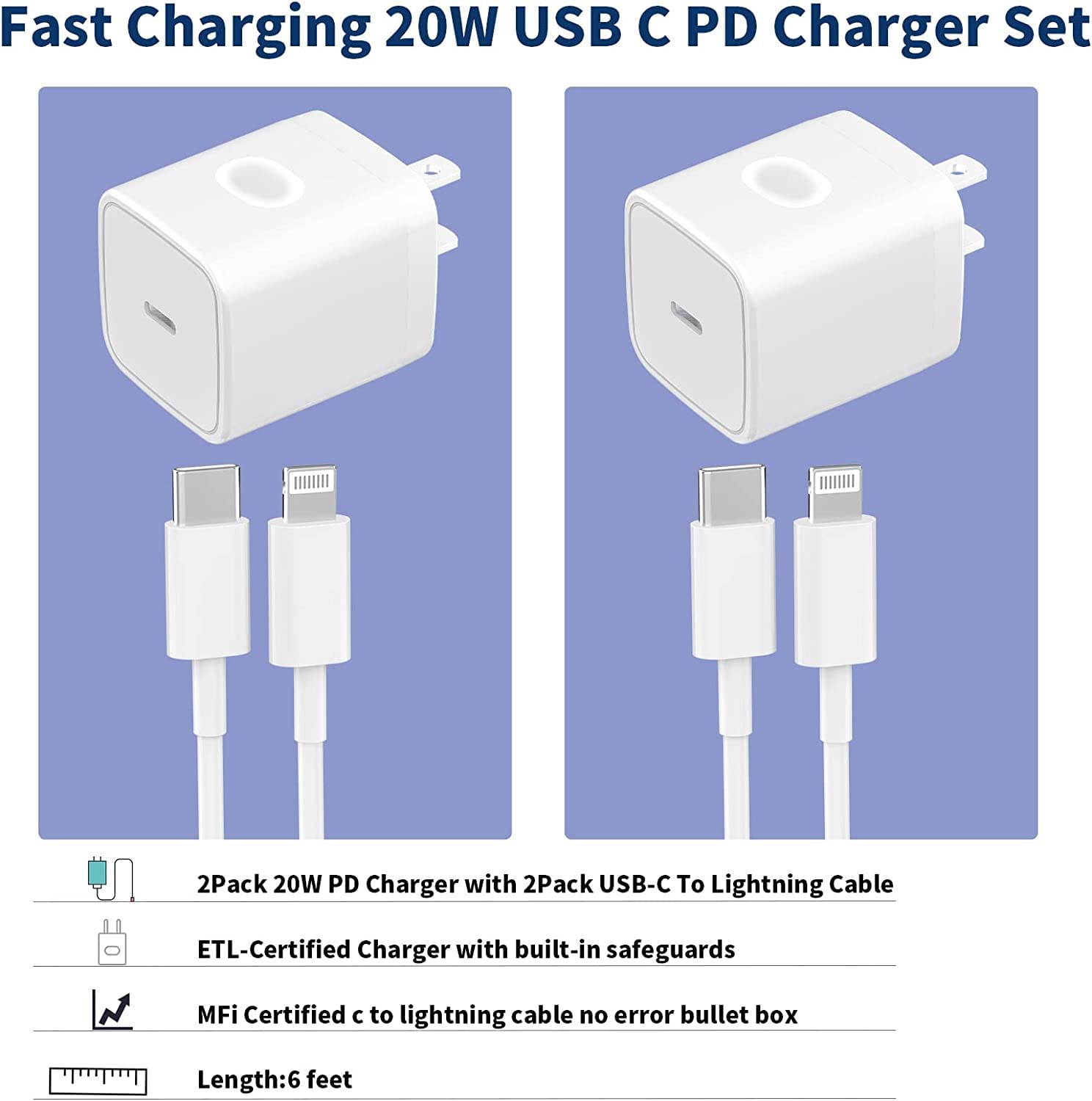 tiavalmax USB C Charger Cable for iPhone iPad, USB 2.0 Type C Charger Fast Charging (2 Pack USB C Charger Block & 6.6ft USB C to Lightning Cable)