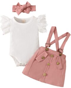 voonlie baby girl clothes outftts ruffle short sleeve ribbed romper+suspender skirt + headband summer clothing set