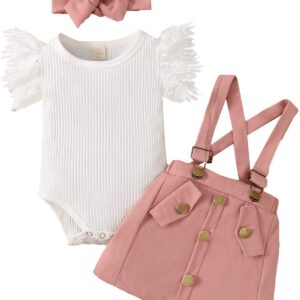 Voonlie Baby Girl Clothes Outftts Ruffle Short Sleeve Ribbed Romper+Suspender Skirt + Headband Summer Clothing Set