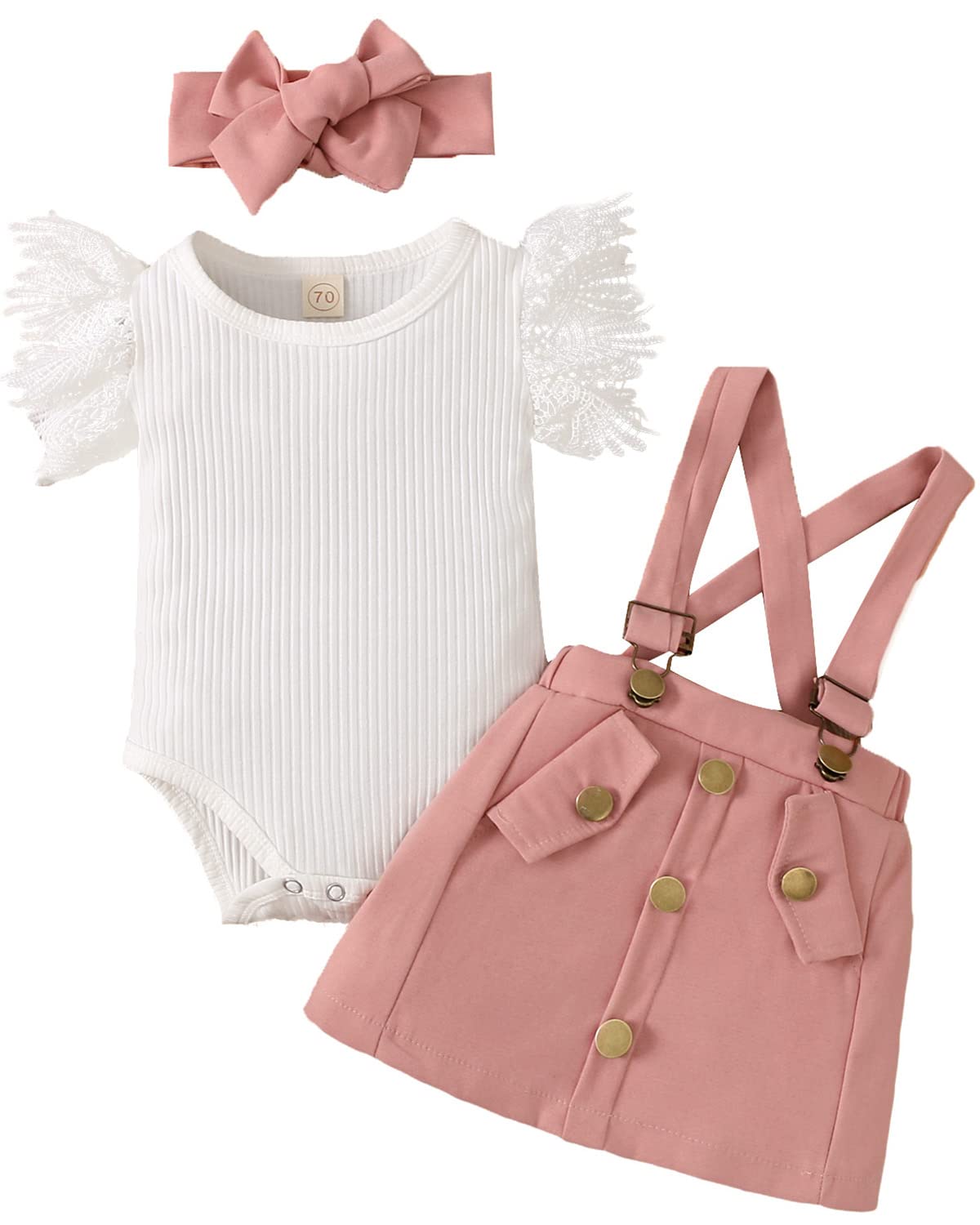 Voonlie Baby Girl Clothes Outftts Ruffle Short Sleeve Ribbed Romper+Suspender Skirt + Headband Summer Clothing Set