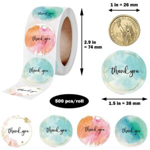 ecozy 1.5 Inch Thank You Stickers Roll - 500 Pcs Small Business 4 Watercolor Designs Waterproof, Tear Proof Labels for Packaging, Gifts, Weddings, Parties, Boutiques and Envelopes