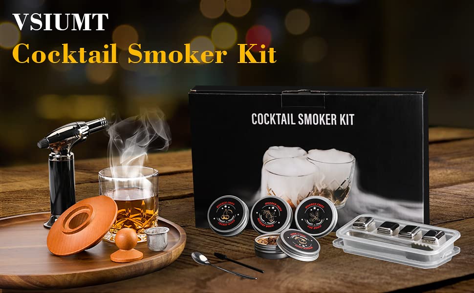 Cocktail Smoker Kit with Torch, Ice Cubes, 4 Flavors Wood Chips, Whiskey Drink Smoker Old Fashioned Smoker Kit for Whiskey Cocktail Wine, No Butane