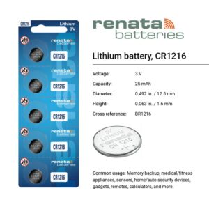 Renata CR1216 Batteries - 3V Lithium Coin Cell 1216 Battery (5 Count)