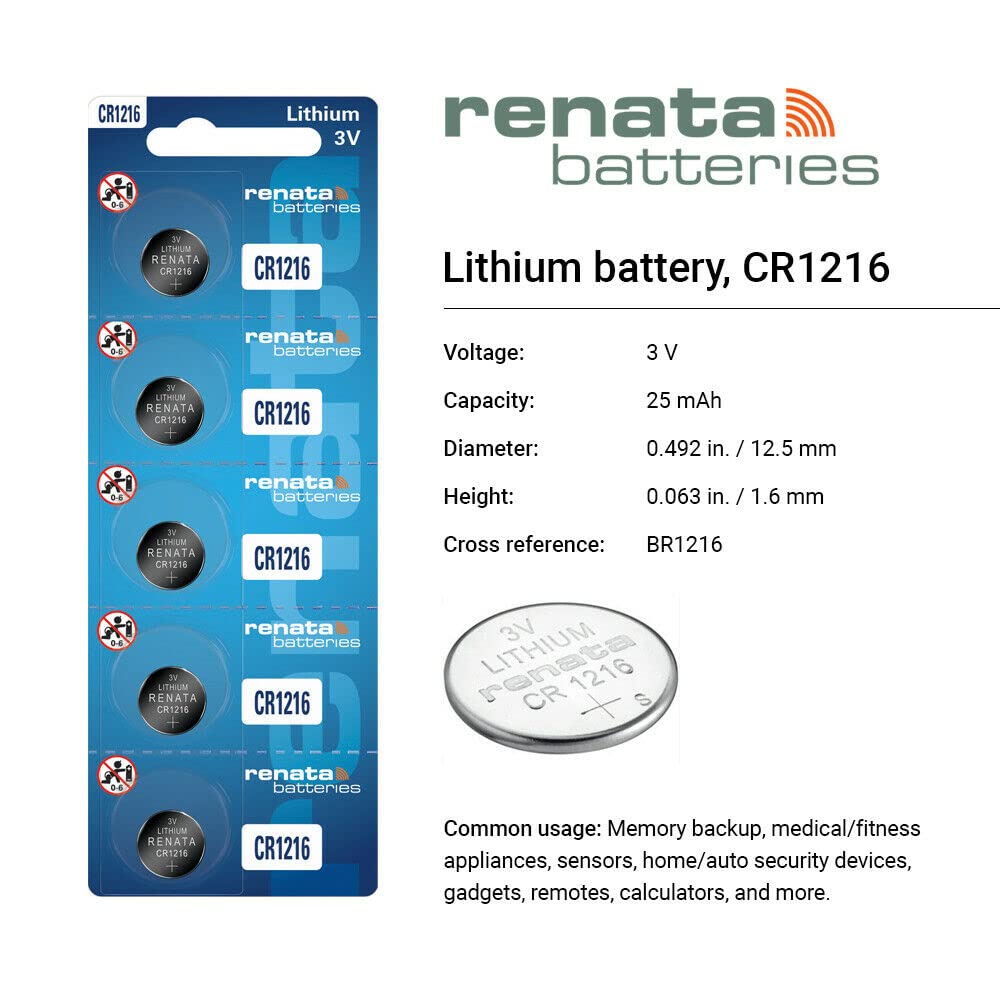 Renata CR1216 Batteries - 3V Lithium Coin Cell 1216 Battery (5 Count)