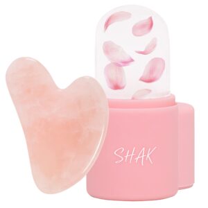 shak ice face roller & gua sha tool set updated roller design, reusable skin care treatment, enhance natural glow. 100% authentic rose quartz gua sha tool. remove toxins/prevent wrinkles (pink)