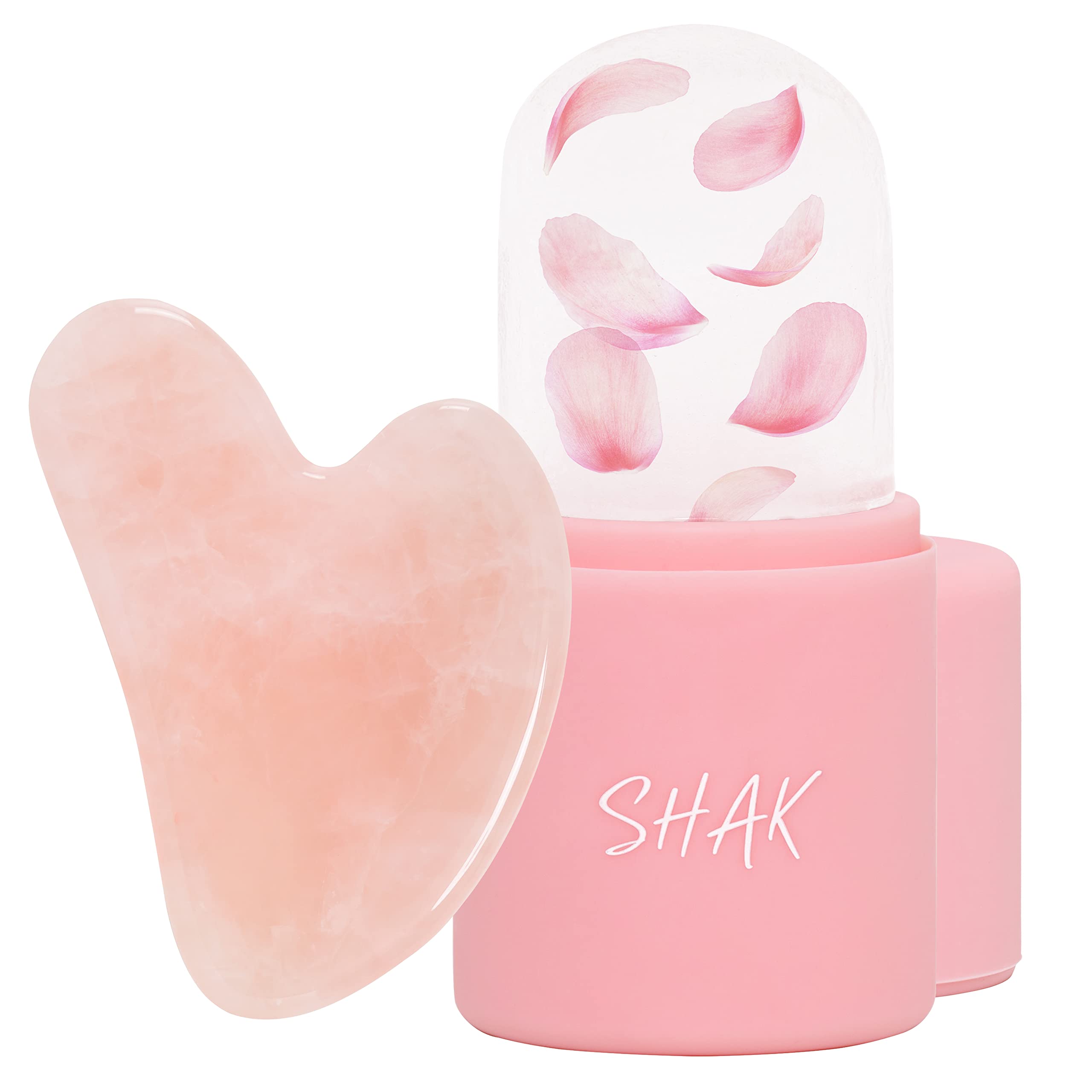 SHAK Ice Face Roller & Gua Sha Tool Set UPDATED Roller design, Reusable Skin Care Treatment, Enhance Natural Glow. 100% Authentic ROSE QUARTZ Gua Sha Tool. Remove Toxins/Prevent Wrinkles (Pink)