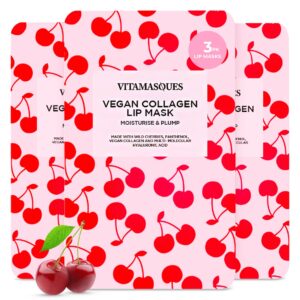 vitamasques lip mask, 3-pack - cherry vegan collagen lip mask sheets, repair for dry & chapped lips - nourishing & hydrating - wild cherries & hyaluronic acid - vegan & cruelty-free