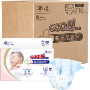 goo.n plus+ diapers newborn/xs size (up to 11 lb) unisex [6-pack] 216 count tape straps sensitive skin, made in japan