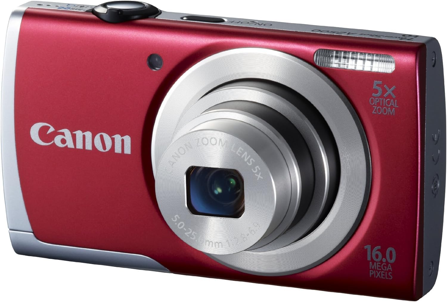 Canon PowerShot A2500 16MP Digital Camera with 5x Optical Image Stabilized Zoom with 2.7-Inch LCD (Red) (Renewed)