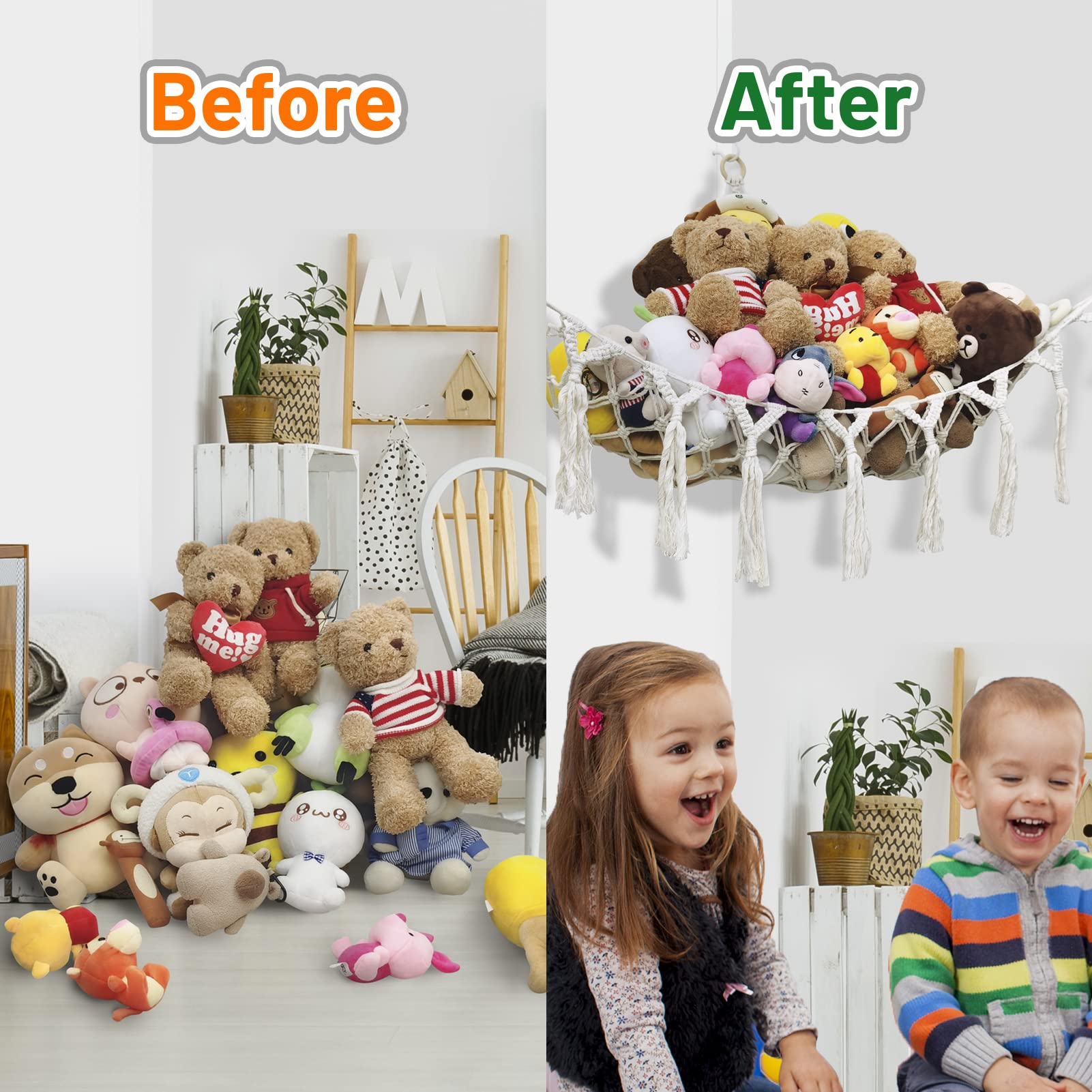 Stuffed Animal Net Hammock & Toy Chain, Toy Storage Hanging Organizer for Kids Bedroom, Playroom, Nursery Room, Corner Plush Toys Net Holder Boho Decor