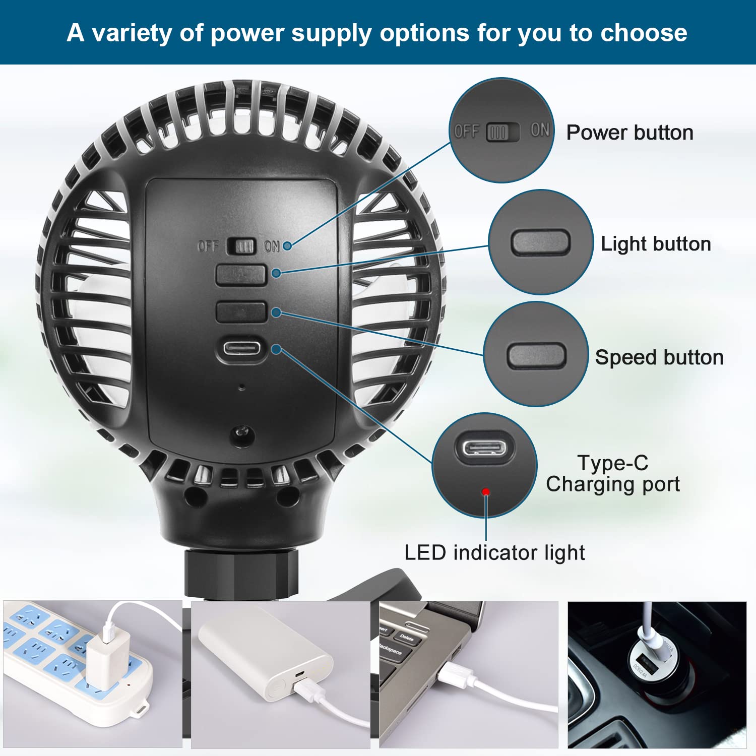 WiHoo Stroller Fan Clip On with LED Lights,5200mAh Battery Operated Desk Fan 360° Car Seat Baby Fan 3 Speeds Personal Fan for Stroller Car Seat Crib Bike Treadmill