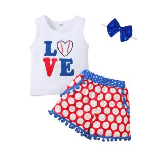 magic park 6m-6y baby girls baseball short set outfits toddler love baseball vest shirt tops short pants kids summer clothes (0043-baseball, 3-4 years old)