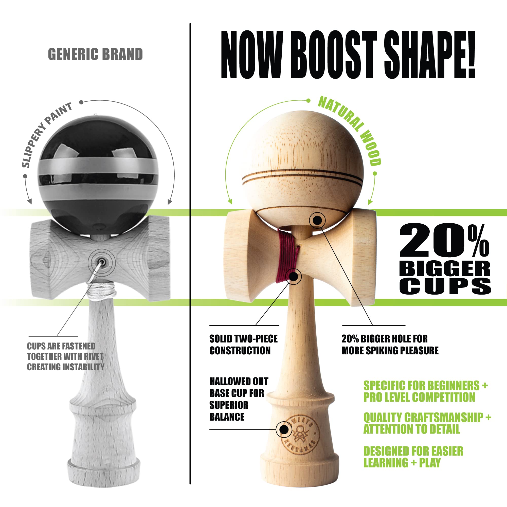 Sweets Kendamas Radar Boost Kendama - Updated with Natty Engraving, Improves Hand Eye Coordination, Reflexes, Perfect for Beginners, Extra String Accessory Quick Start Bundle (Rubberwood)