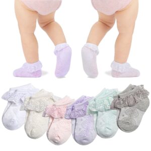 hakugoo baby girl lace socks eyelet ruffle socks 6 pairs pack princess dress socks infant toddler, white ivory pink purple green grey,6-12 months