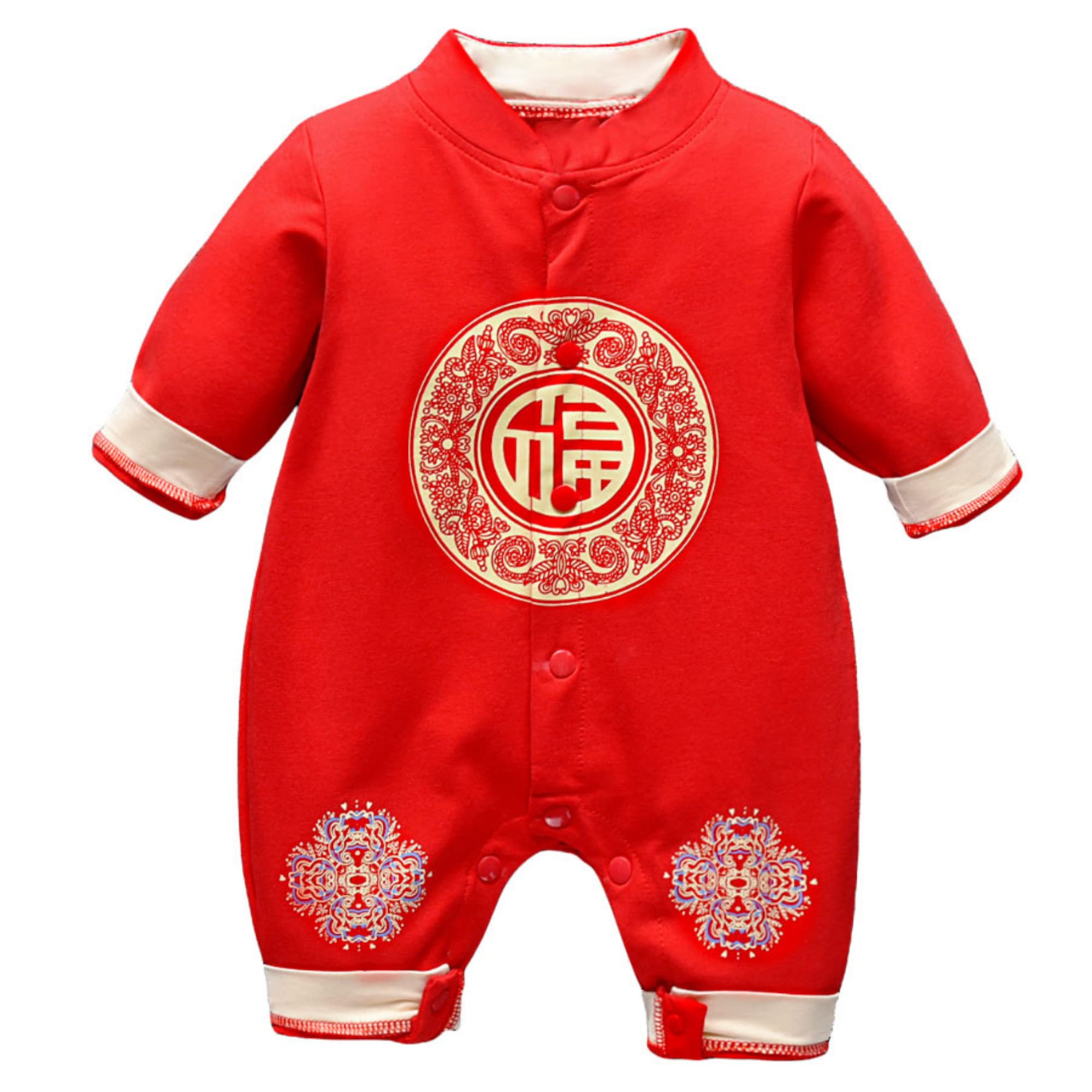 Coco Dolphin Baby Red Outfit 1 Month 100 Days Newborn Infant Boy Girl Bodysuit Chinese New Year Lunar Tang Suit (Size 66)