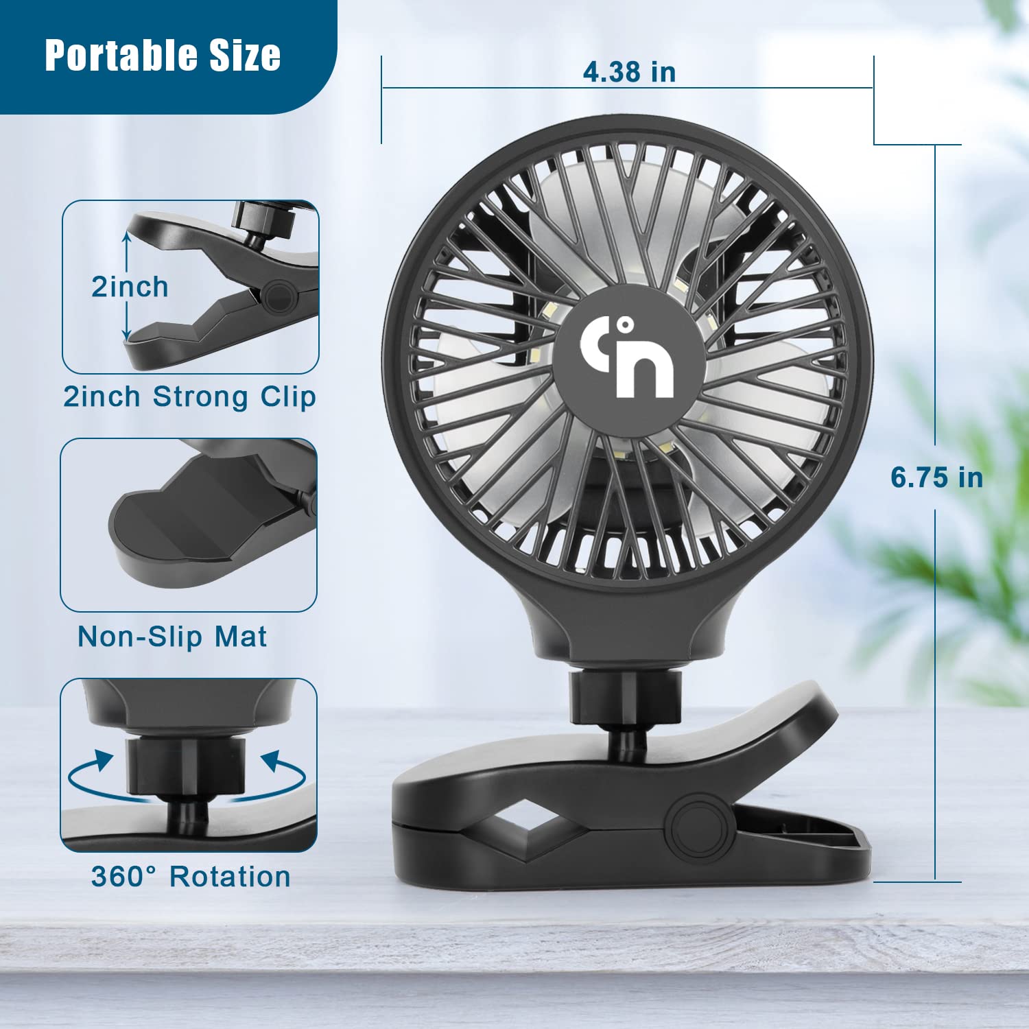 WiHoo Stroller Fan Clip On with LED Lights,5200mAh Battery Operated Desk Fan 360° Car Seat Baby Fan 3 Speeds Personal Fan for Stroller Car Seat Crib Bike Treadmill