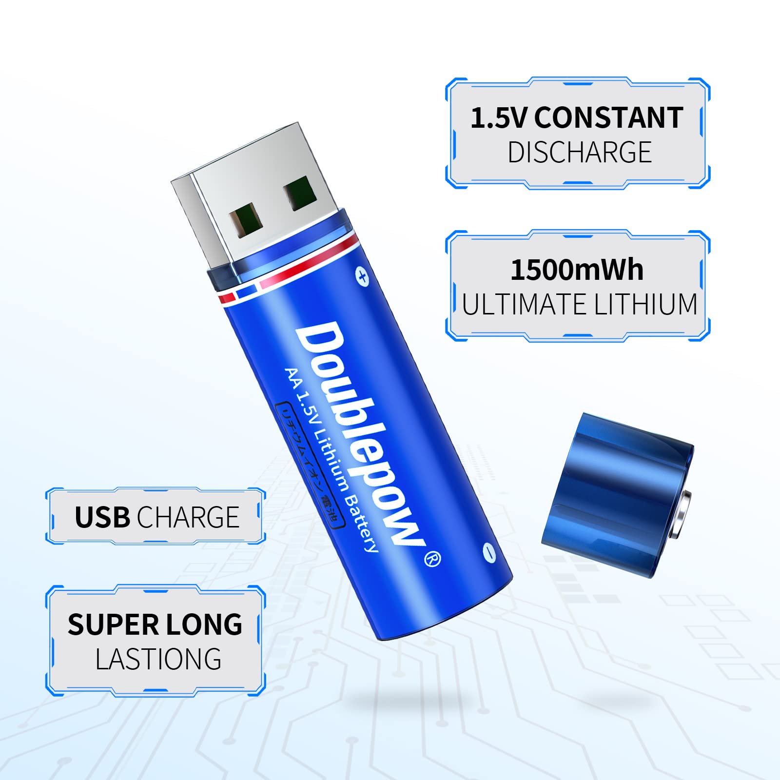 Doublepow Rechargeable AA Batteries,AA Lithium Batteries,1.5V Lithium AA Rechargeable Battery with USB Plug,1500mWh Capacity Fast Charge Double A Lithium Battery,4 Pack