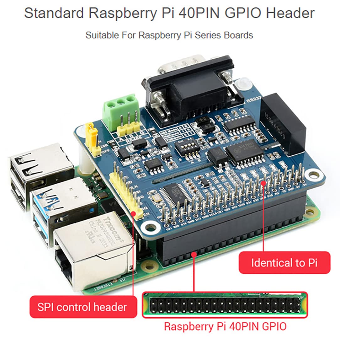 Isolated RS485 RS232 Expansion HAT Board for Raspberry Pi 4B/3B+/3B/2B/Zero/Zero 2 W/Zero 2 WH,Adopt SC16IS752 UART Expansion Chip,SPI to RS485 and RS232 Up to 921600bps Data Rate