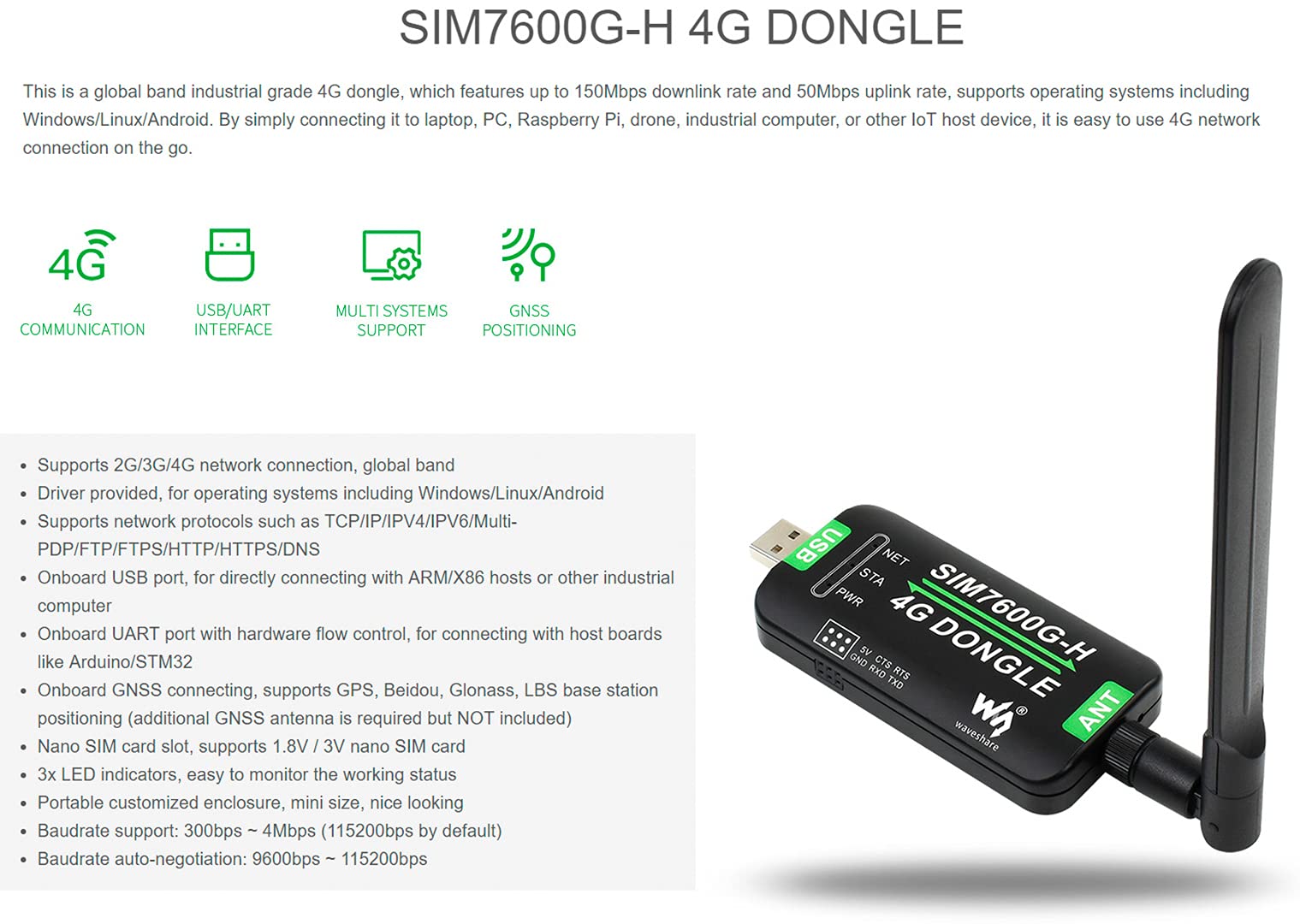 SIM7600G-H 4G DONGLE with Antenna, Industrial Grade 4G USB/UART, Communication and GNSS Positioning Support PC/Raspberry Pi/Drone/Industrial Computer, Support Global Band