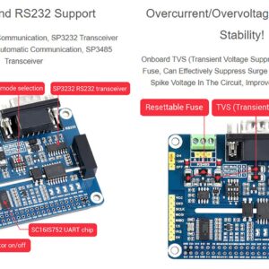 Isolated RS485 RS232 Expansion HAT Board for Raspberry Pi 4B/3B+/3B/2B/Zero/Zero 2 W/Zero 2 WH,Adopt SC16IS752 UART Expansion Chip,SPI to RS485 and RS232 Up to 921600bps Data Rate