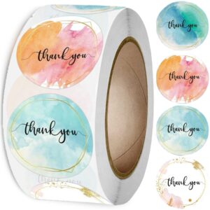 ecozy 1.5 inch thank you stickers roll - 500 pcs small business 4 watercolor designs waterproof, tear proof labels for packaging, gifts, weddings, parties, boutiques and envelopes