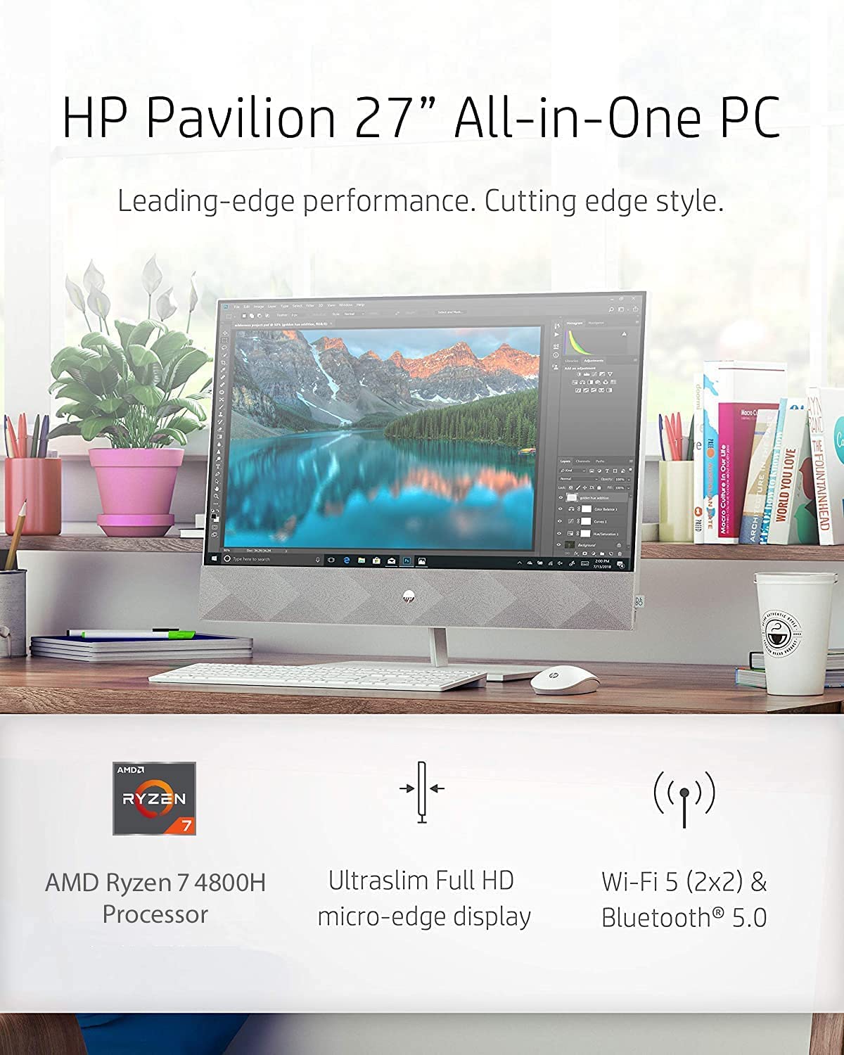 HP Pavilion All-in-One 27-d0230z, AMD Ryzen 7 4800H 16 GB DDR4 1TB HDD 256GB PCIe NVMe M.2 SSD 27" Diagonal FHD Display, Windows 11 Home