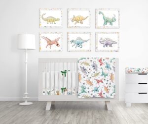 9 piece dinosaur nursery set | crib sheet | blanket | art prints | changing pad cover