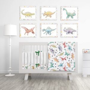 9 Piece Dinosaur Nursery Set | Crib Sheet | Blanket | Art Prints | Changing Pad Cover