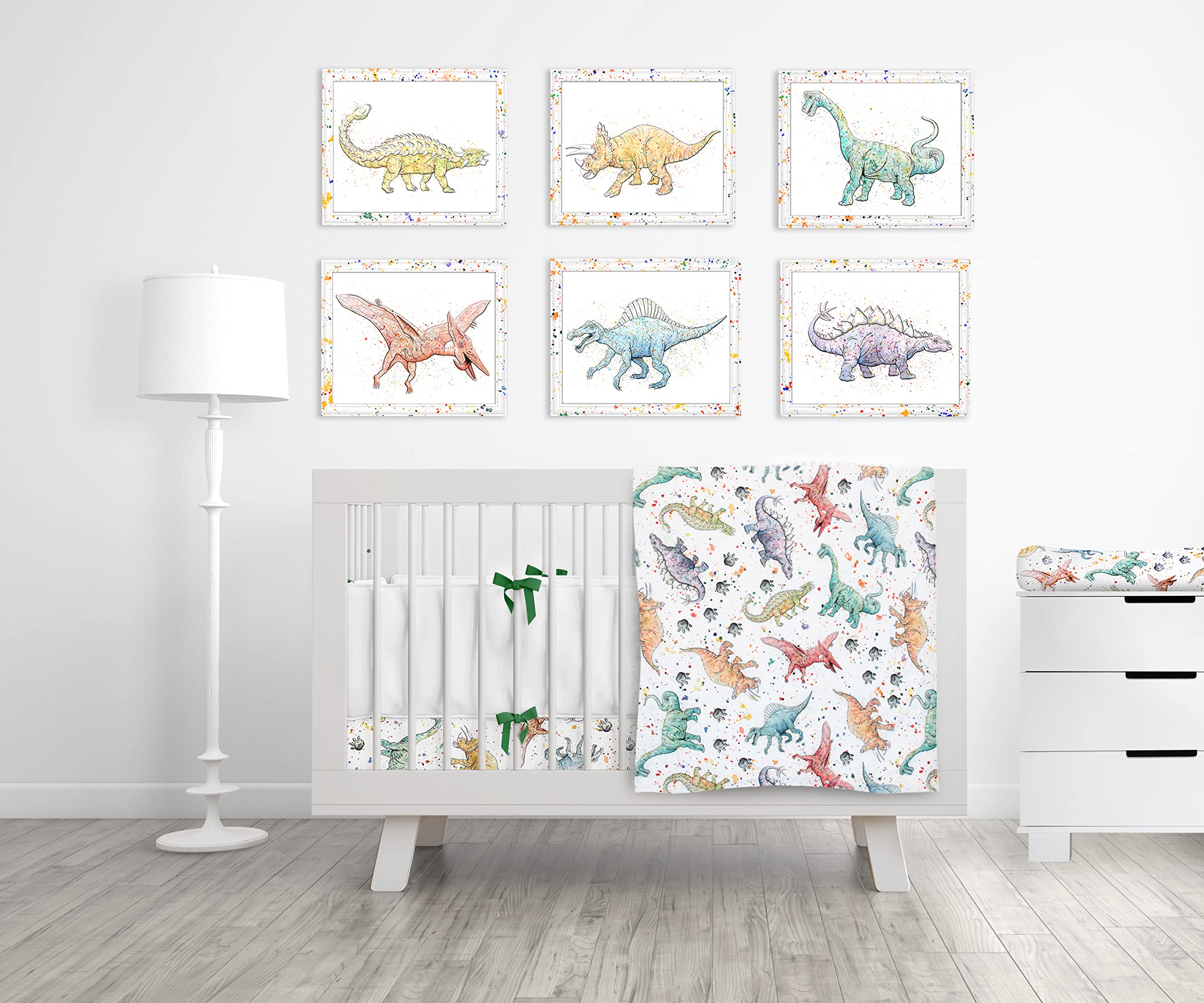 9 Piece Dinosaur Nursery Set | Crib Sheet | Blanket | Art Prints | Changing Pad Cover