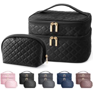 maange makeup bag, 2 pcs cosmetic bag leather travel makeup bag roomy double layer makeup bags for women makeup pouch portable zipper bags gifts (black)