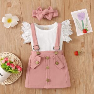 Voonlie Baby Girl Clothes Outftts Ruffle Short Sleeve Ribbed Romper+Suspender Skirt + Headband Summer Clothing Set