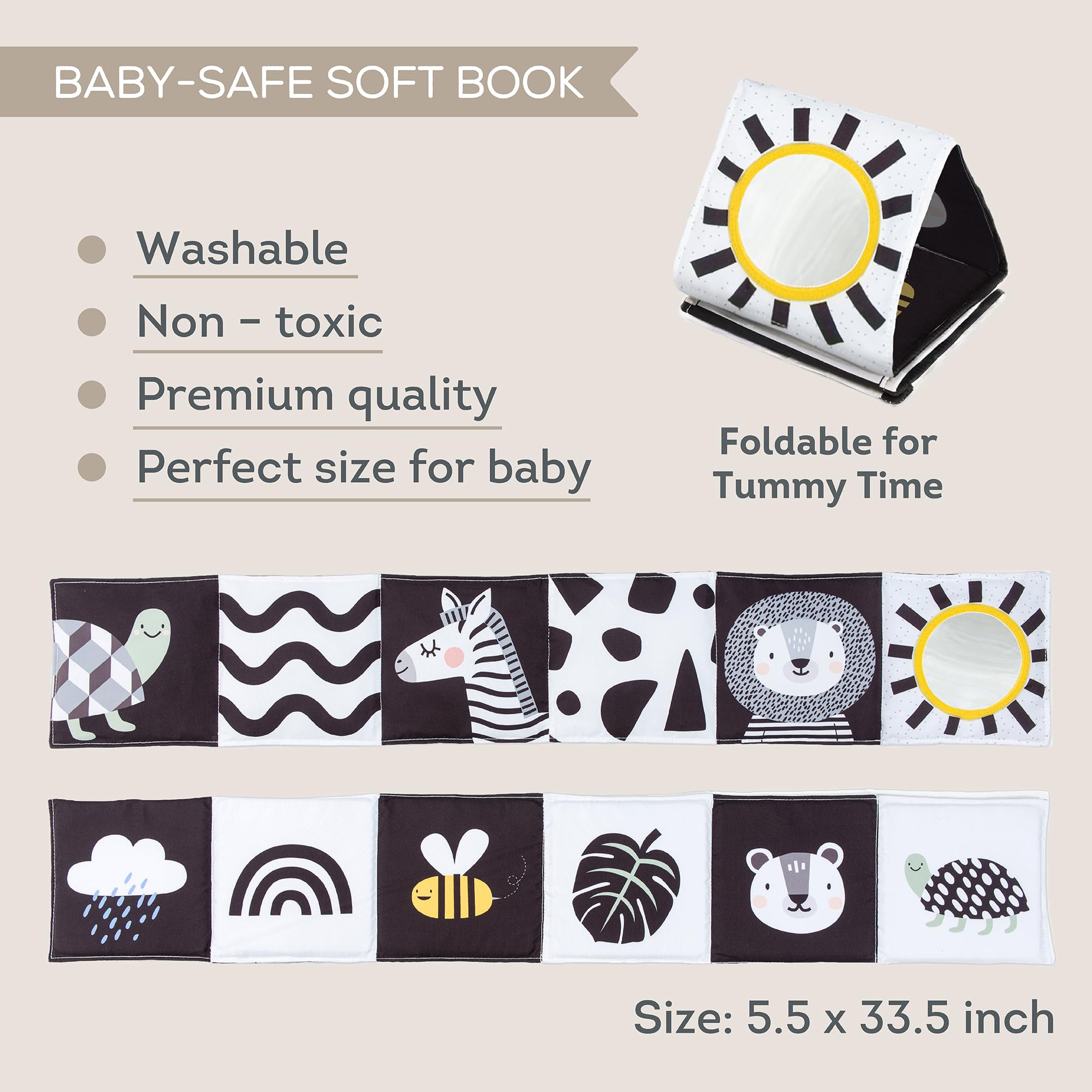 Newborn Infants 0-6 Soft Activity Book Black & White High Contrast Baby Book Infant Sensory Toys Tummy Time Soft Cloth Books Babies Textured Fabric Crinkling Shapes Patterns 0-12 Months Newborn Toys