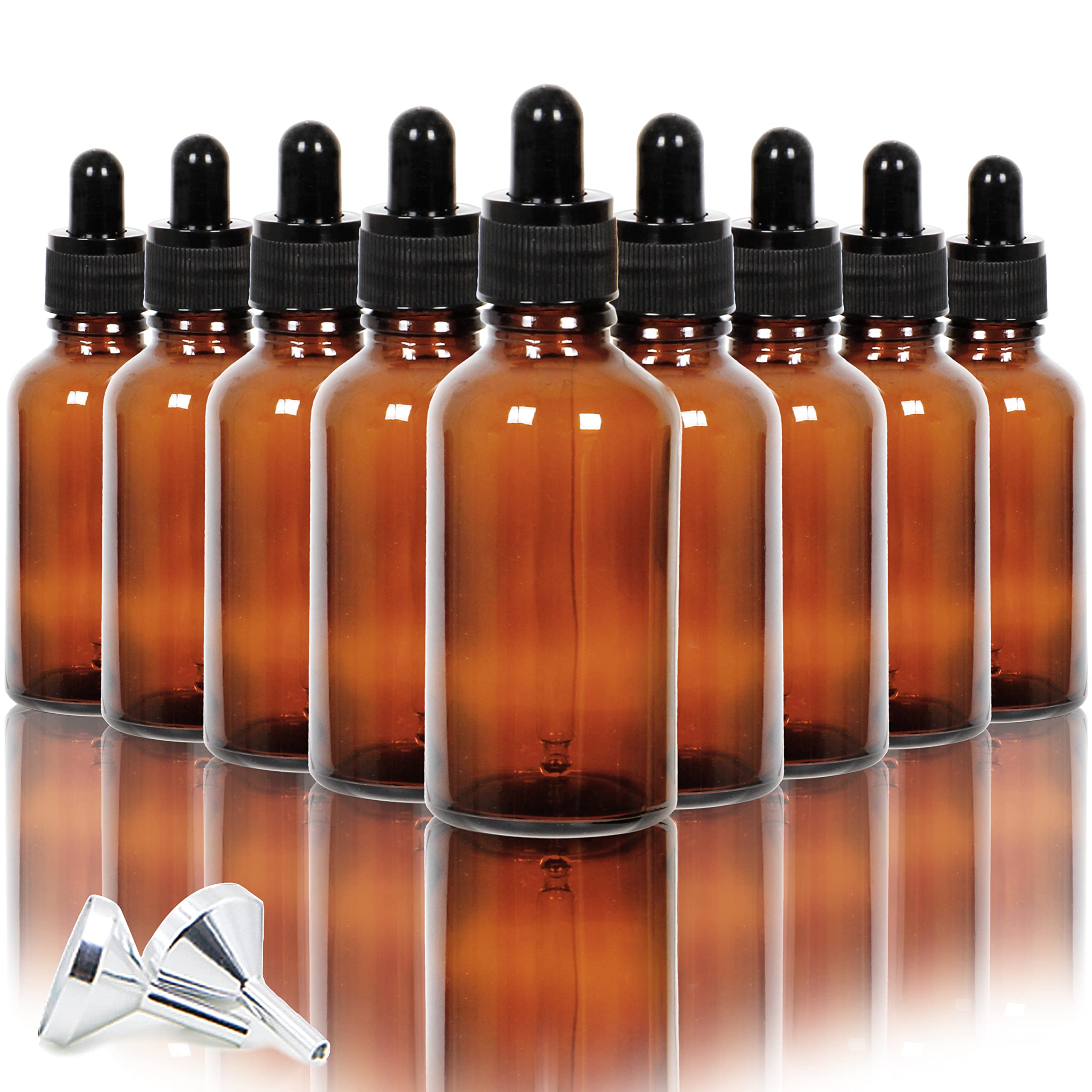 Youngever 16 Pack 2 Ounce Amber Glass Dropper Bottles for Essential Oil, 2 Stainless Steel Mini Funnels