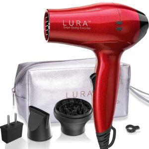 lura travel hair dryer with diffuser and concentrator:mini blow dryer with european plug,small dual voltage portable hairdryer with travel bag,compact lightweight 1200w blowdryer for men and kids red