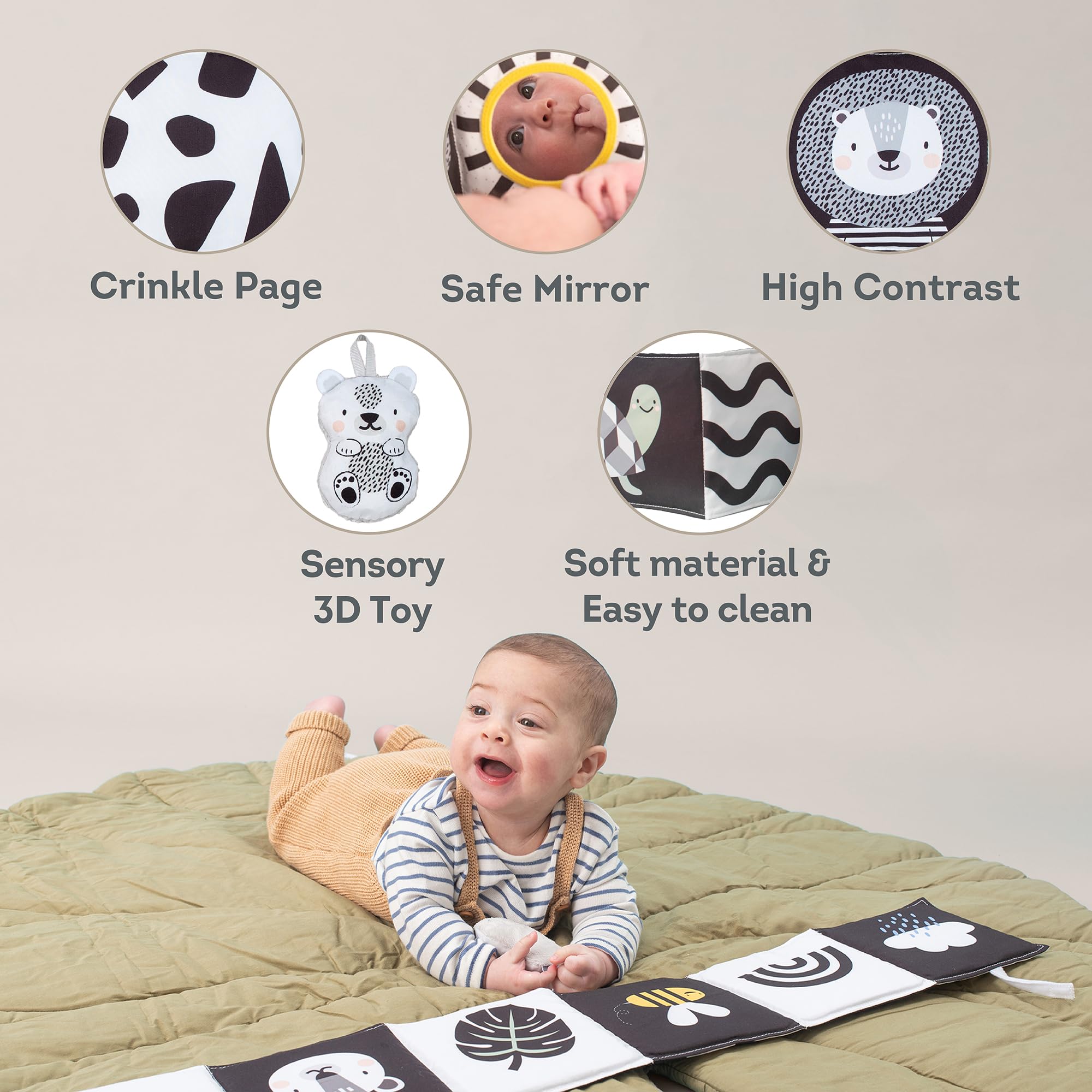 Newborn Infants 0-6 Soft Activity Book Black & White High Contrast Baby Book Infant Sensory Toys Tummy Time Soft Cloth Books Babies Textured Fabric Crinkling Shapes Patterns 0-12 Months Newborn Toys