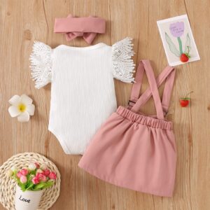 Voonlie Baby Girl Clothes Outftts Ruffle Short Sleeve Ribbed Romper+Suspender Skirt + Headband Summer Clothing Set