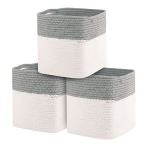 anminy 3pcs cotton rope woven storage cubes baskets set with handles large washable decorative open storage bins boxes nursery baby kid toy blanket clothes towel laundry organizer - off white/gray