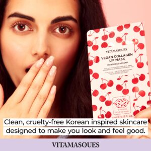 Vitamasques Lip Mask, 3-Pack - Cherry Vegan Collagen Lip Mask Sheets, Repair for Dry & Chapped Lips - Nourishing & Hydrating - Wild Cherries & Hyaluronic Acid - Vegan & Cruelty-Free